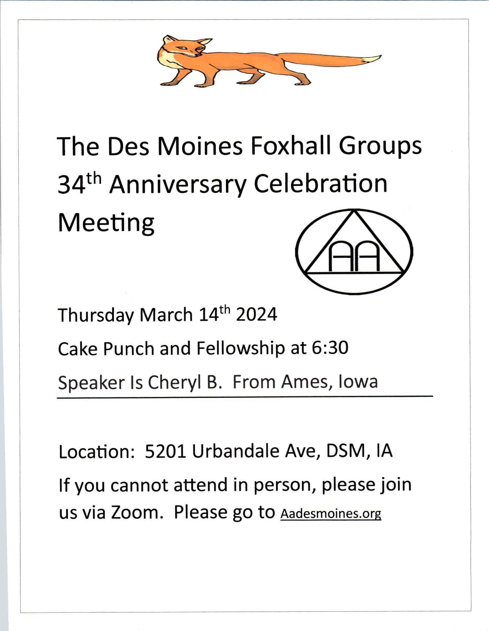 The Des Moines Foxhall Groups 34th Anniversary Celebration Meeting
